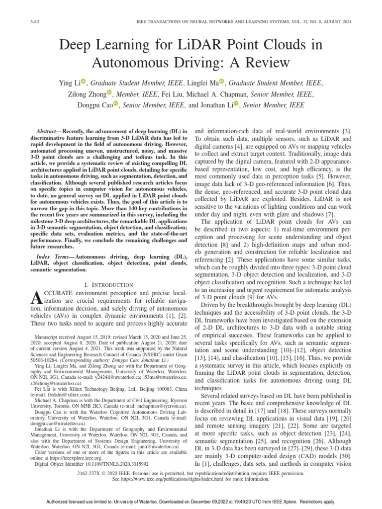 Deep Learning For LiDAR Point Clouds in Autonomous Driving A Review ...