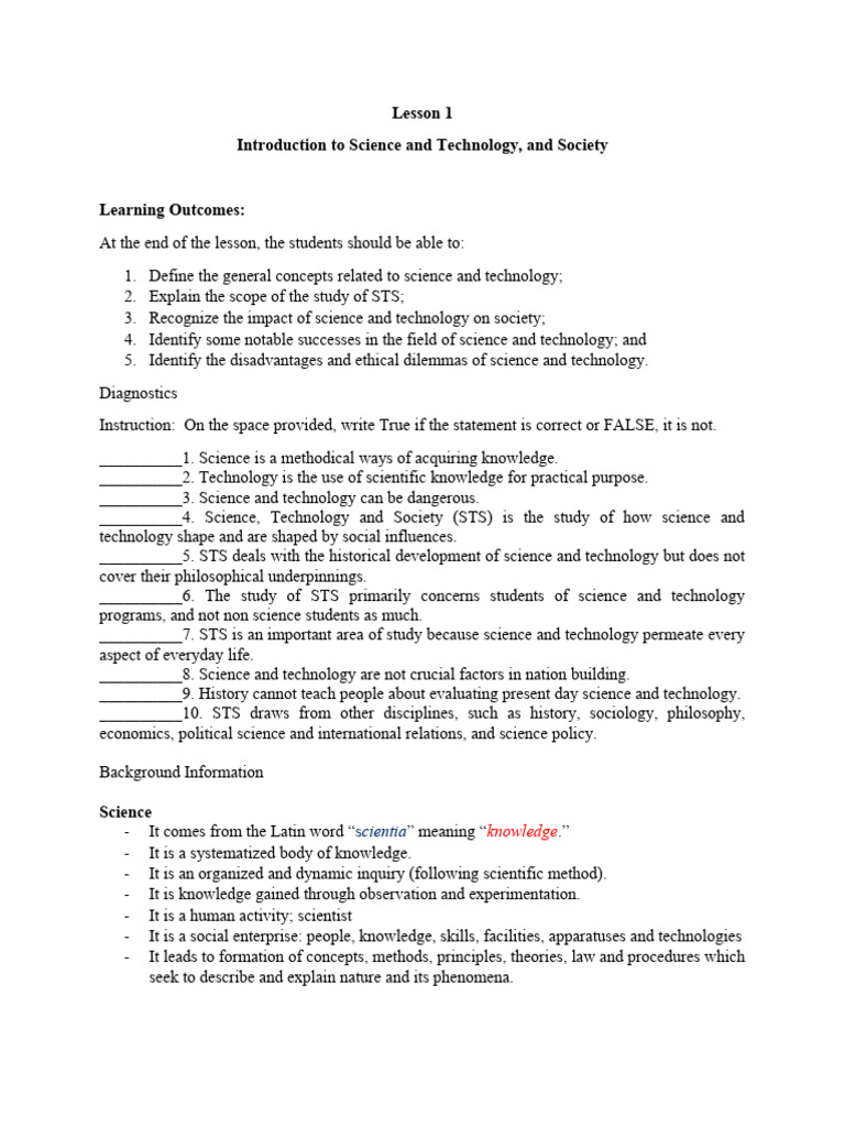 Lesson 1-Introduction To STS | PDF | Science | Knowledge