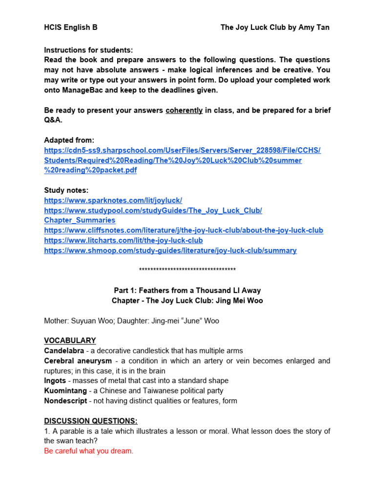 1A Jing-Mei Woo The Joy Luck Club Qns | PDF