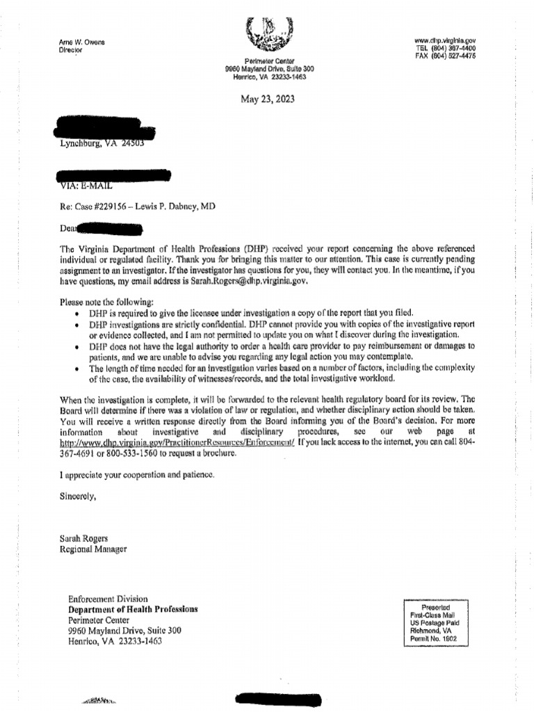 Complaint Filed Against Dr. Dabney To Virginia Department of Health ...
