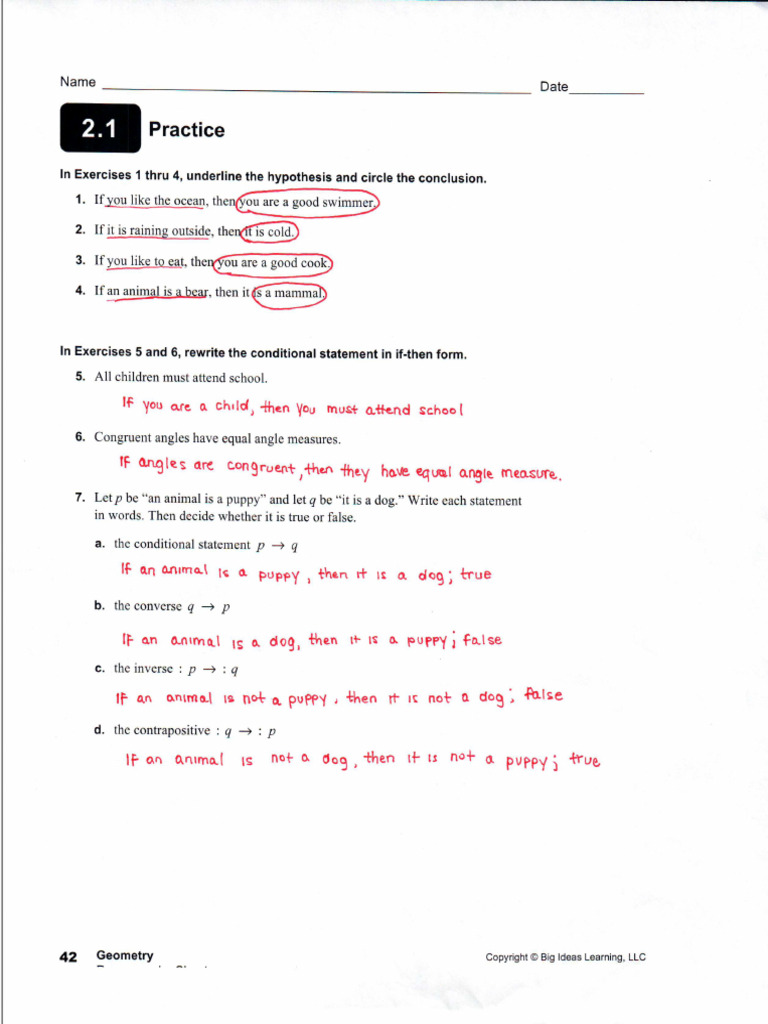 Geometry 2.1 Practice Answers | PDF