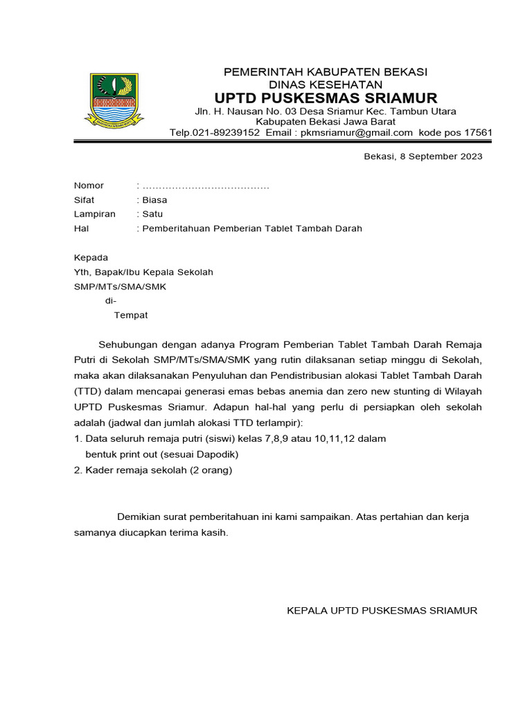 Surat Pemberitahuan TTD Sekolah | PDF