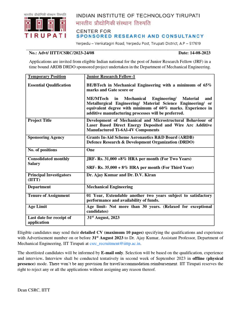 Indian Institute of Technology Tirupati (Iit Tirupati) Job 50 | PDF ...