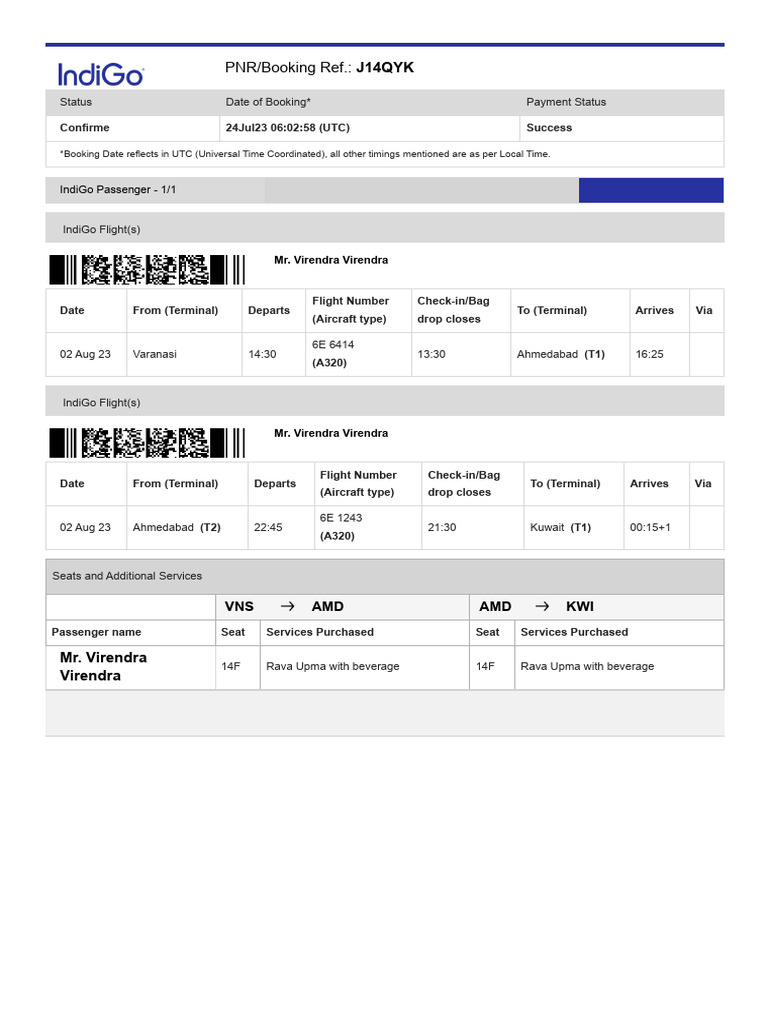 Your IndiGo Itinerary J14QYK Download Free PDF Airport Transport