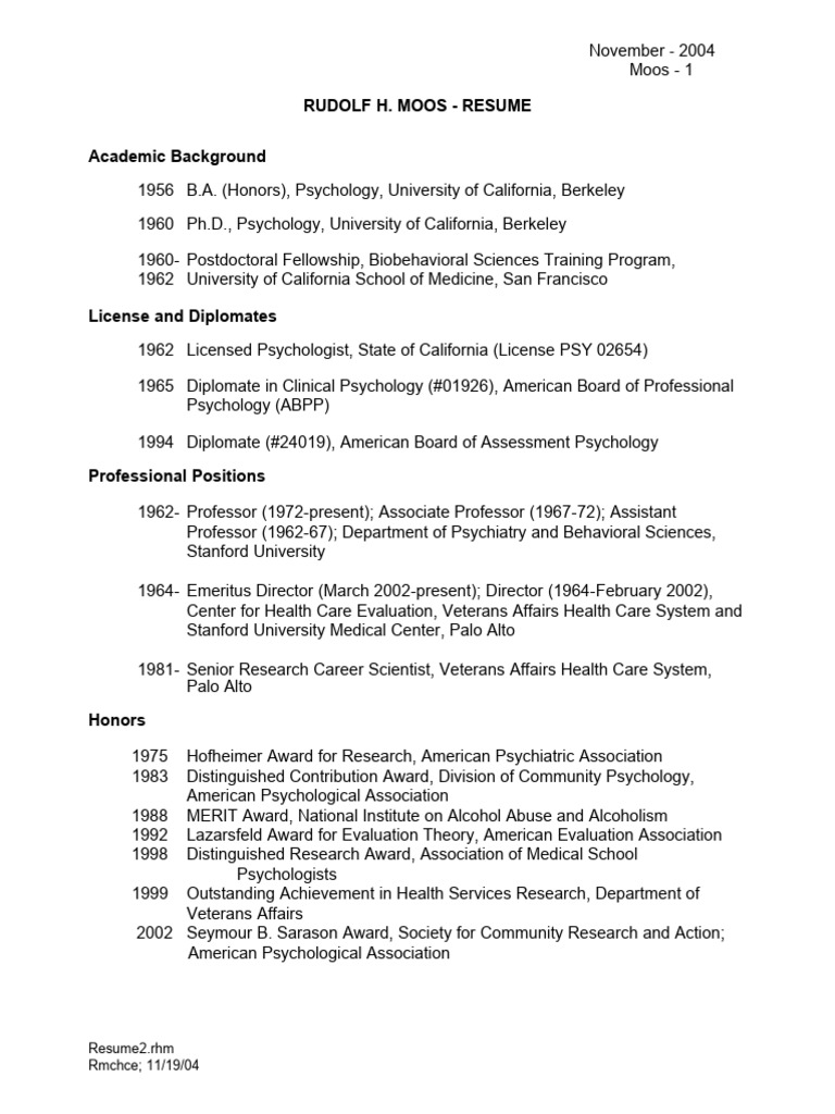 Rudolf Moos CV | PDF | Substance Abuse | Substance Use Disorder