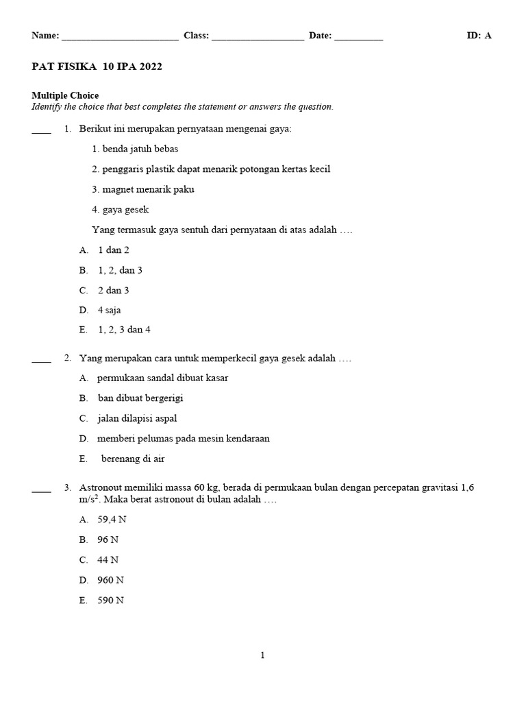 Pat Fisika 10 Ipa 2022 | PDF