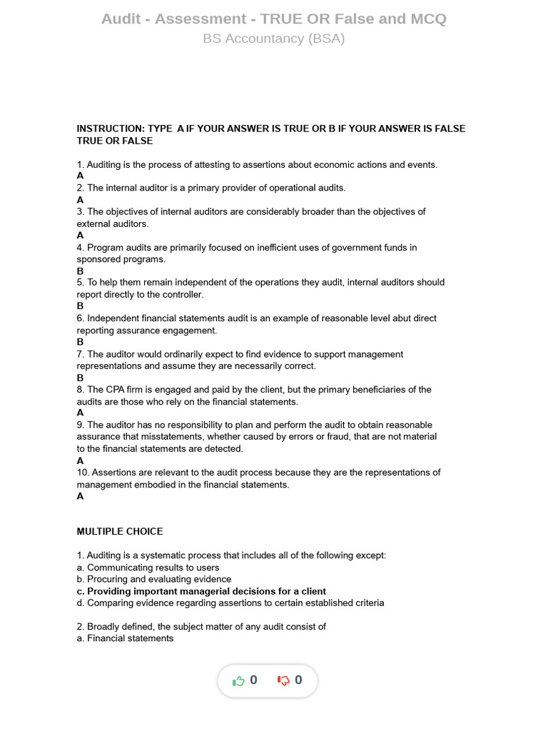 Audit Assessment True or False and MCQ - Compress | PDF | Career ...