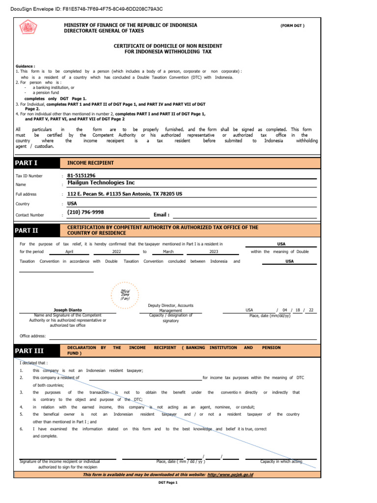Form DGT - Certificate of Domicile of Nonresident (Indonesia WHT) - Executed | PDF | Taxes | Income