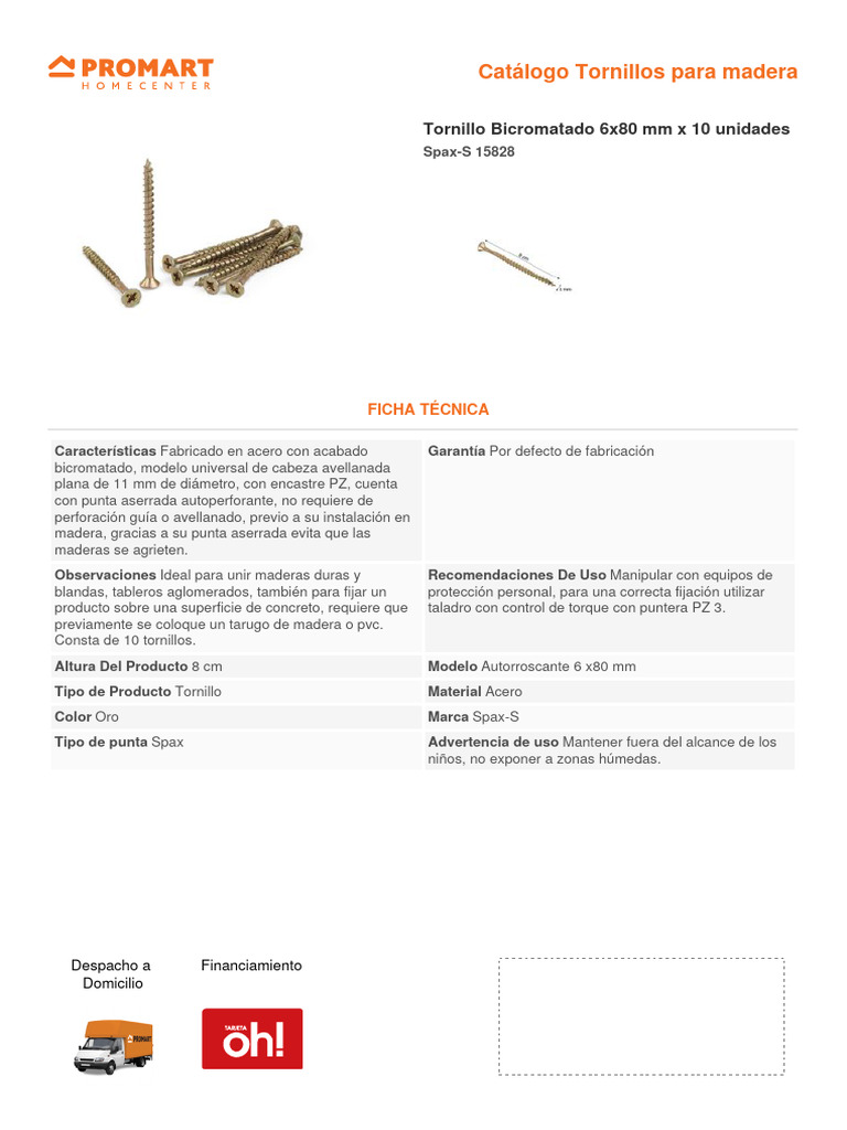 Ficha Tecnica Tornillos de 6X80 MM | PDF
