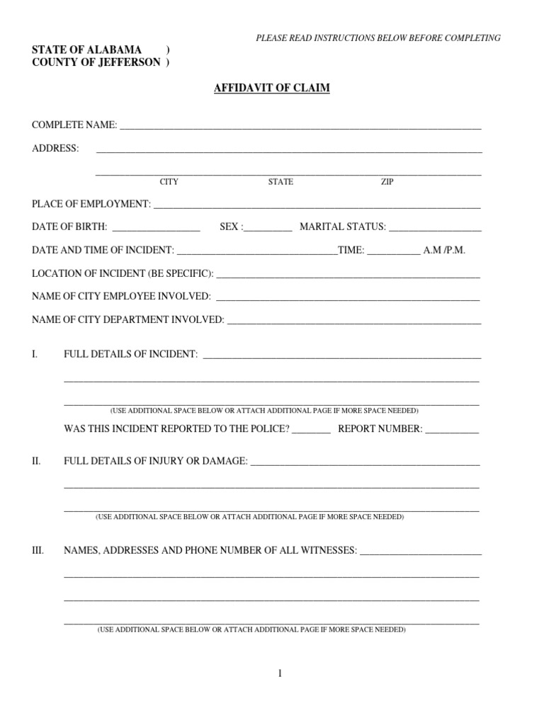 Alabama Affidavit of Claim Form | PDF | Affidavit