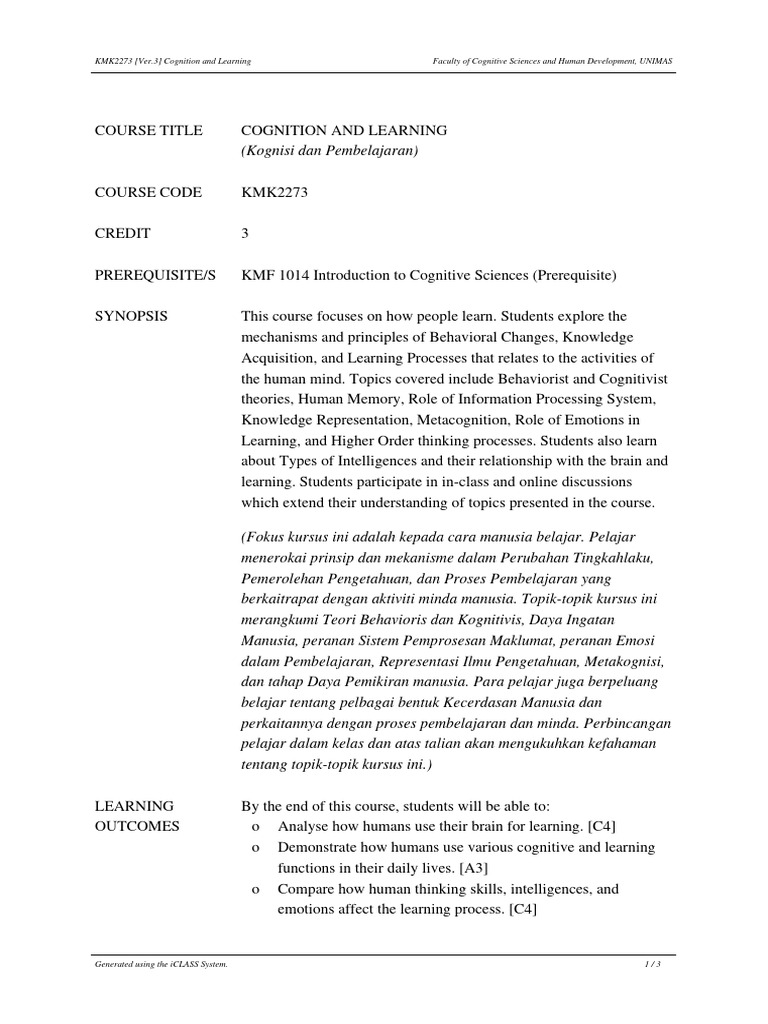 Course Outline KMK2273 - Ver.3 | PDF | Learning | Cognition