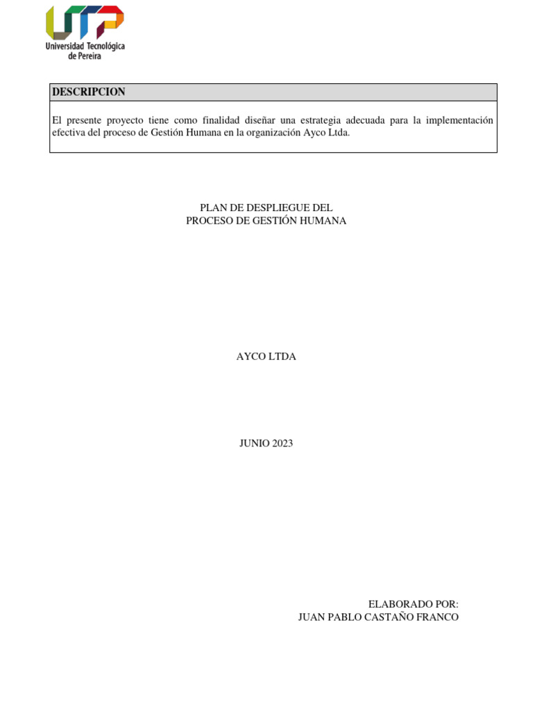 5.plan de Despliegue Gestion Humana Universidad Tecnologica de Pereira ... 5.plan de Despliegue Gestion Humana Universidad Tecnologica de Pereira ...