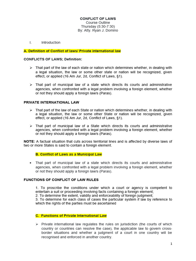 Conflict of Laws Course Outline 1 | PDF | Civil Law (Legal System) | Choice Of Law