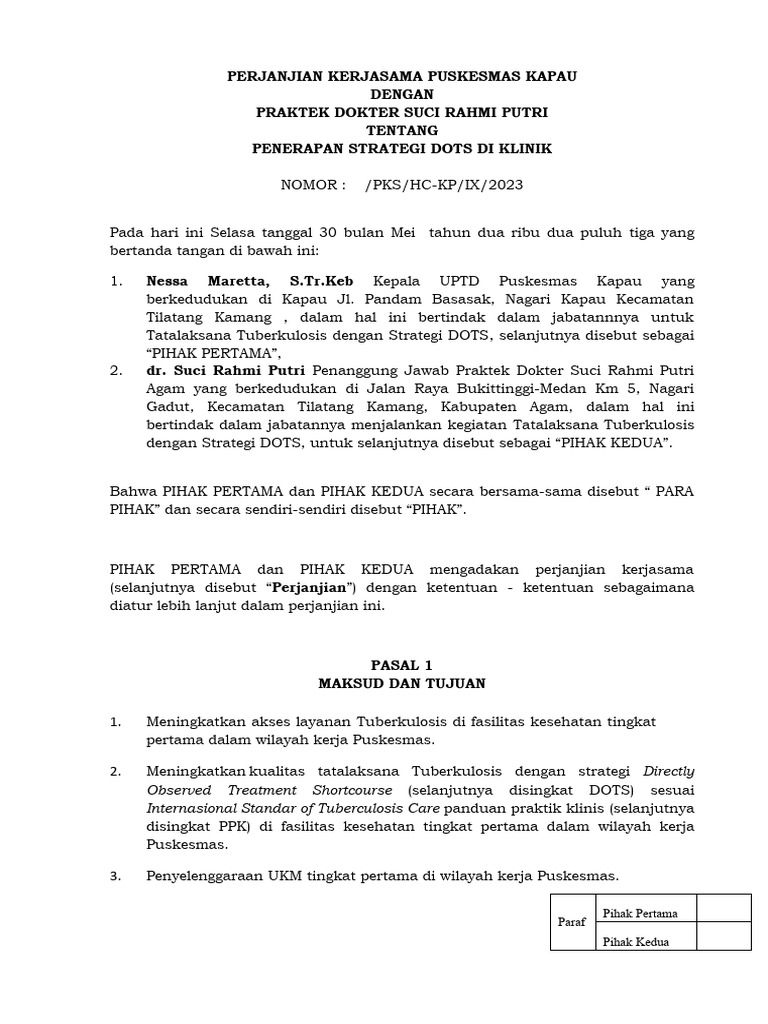 MOU DPM Dengan Praktek Dokter Suci | PDF