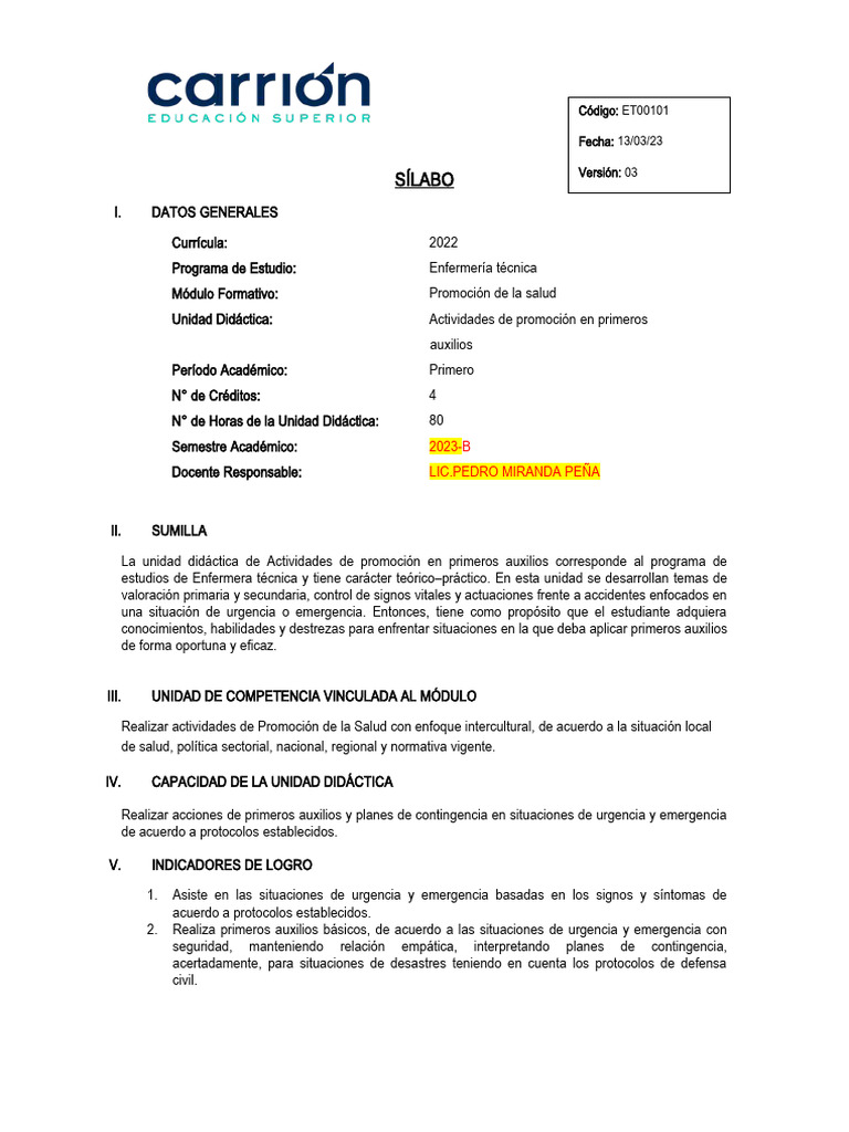 Silabo Ud Enf I Appa 1 4 | PDF | Evaluación | Reanimación cardiopulmonar