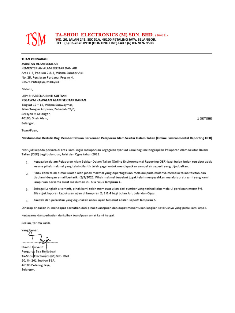 Surat Laporan DOE & Lampiran (T-Shou Electronics) | PDF