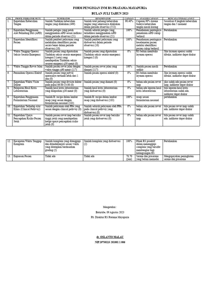 FORM PENGISIAN INM RS PRATAMA MAYAPURIA Bulan Juli 2023 | PDF