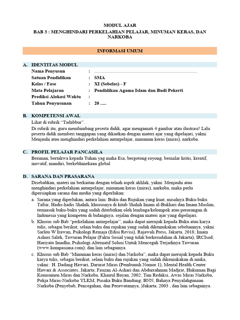 PAI 11 - Bab 3 - Menghindari Perkelahian Pelajar, Minuman Keras, Dan Narkoba | PDF