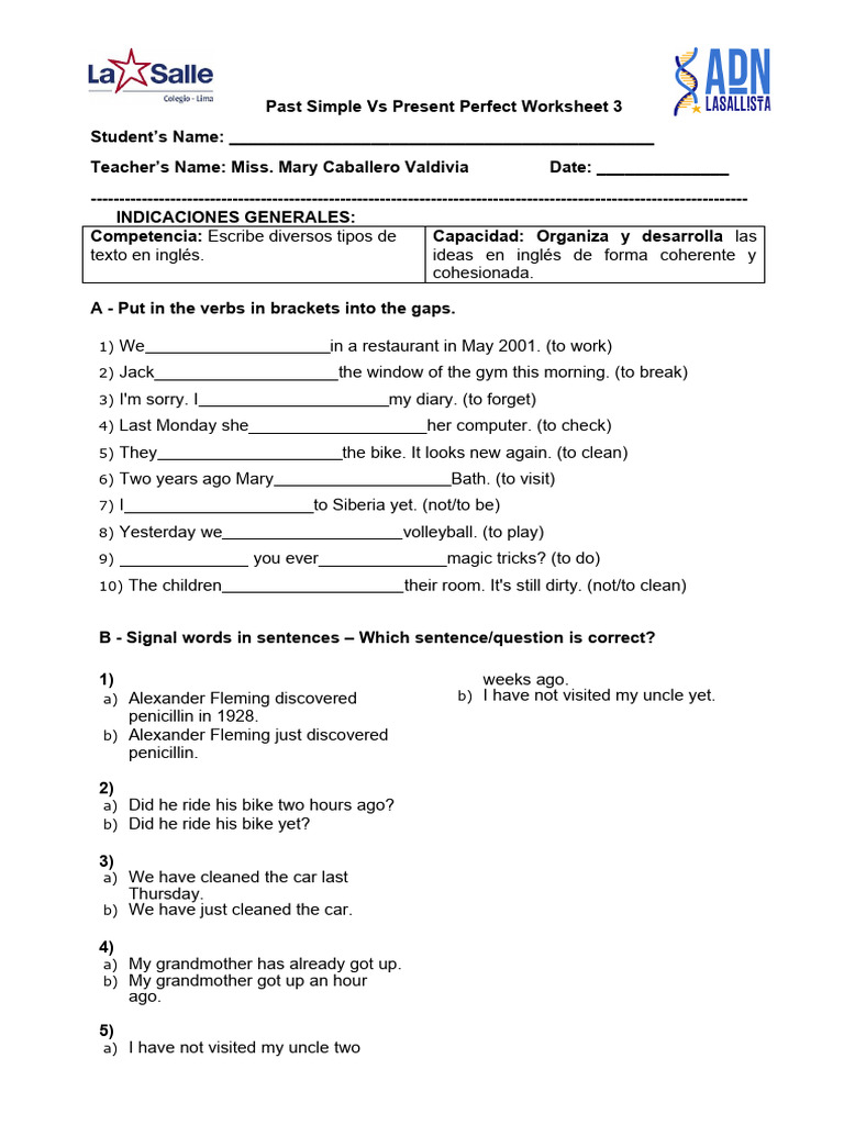 Simple Past Present Perfect Worksheet 3 | PDF | Perfect (Grammar) | Grammar