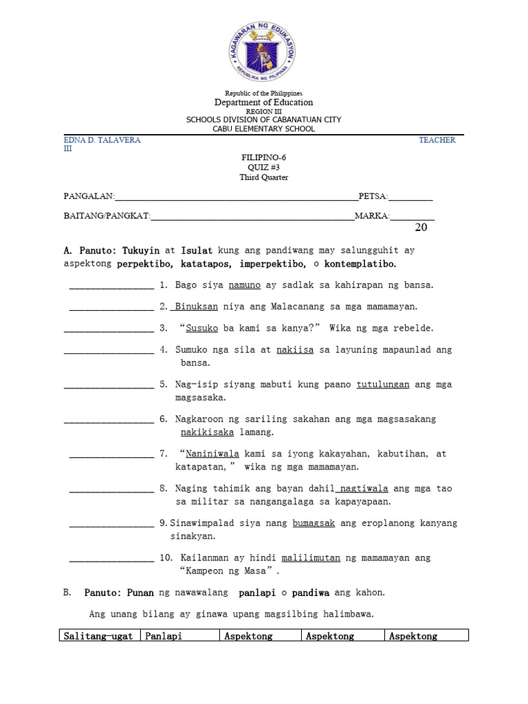 FILIPINO-6 QUIZ - 3rd Quarter - 3 | PDF