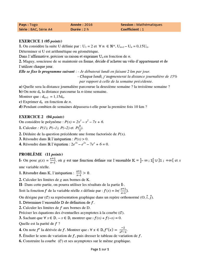 Bac 2016 Mathématiques Togo | PDF | Fonction (Mathématiques) | Équations