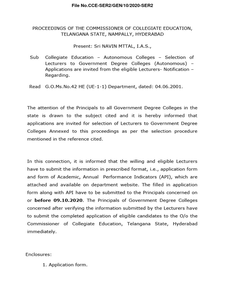 Lecturer Selection Notification Telangana | PDF