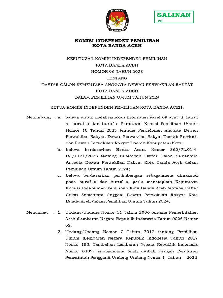 Salinan SK DCS Pemilu 2024 Banda Aceh | PDF