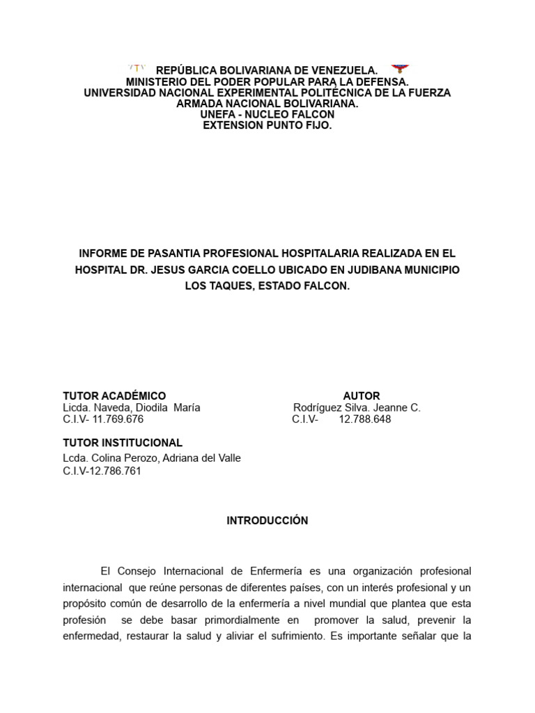 Informe Pasantias Hospitalarias | PDF | Hospital | Enfermería