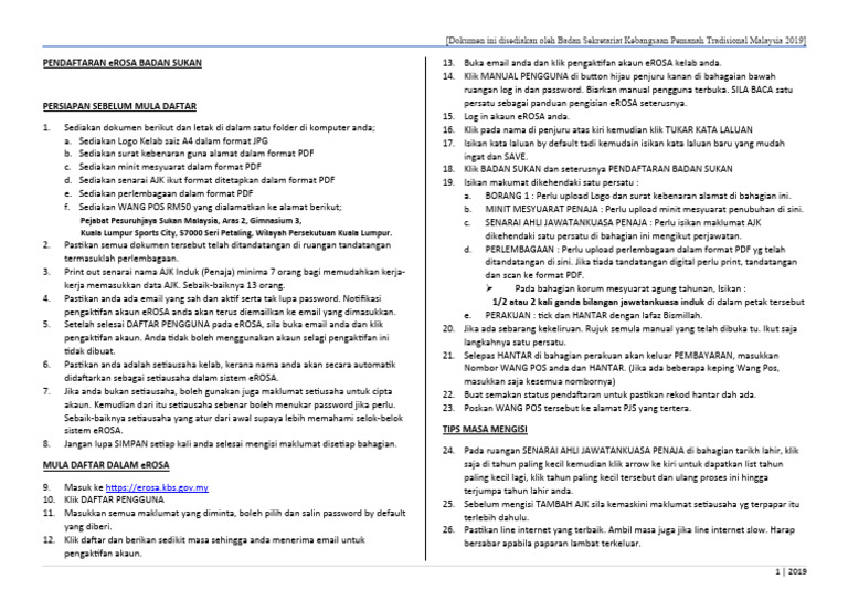 TIPS PENDAFTARAN eROSA BADAN SUKAN | PDF