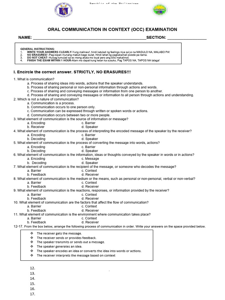Oral Communication in Context (Occ) Examination | PDF | Communication | Information