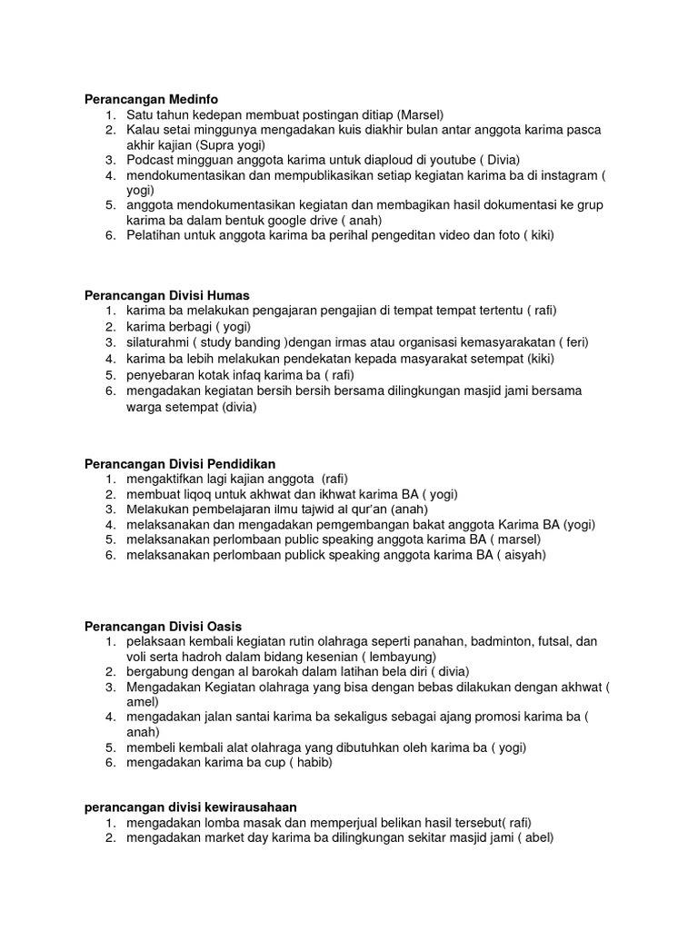 Perancangan Proker Per-Divisi | PDF