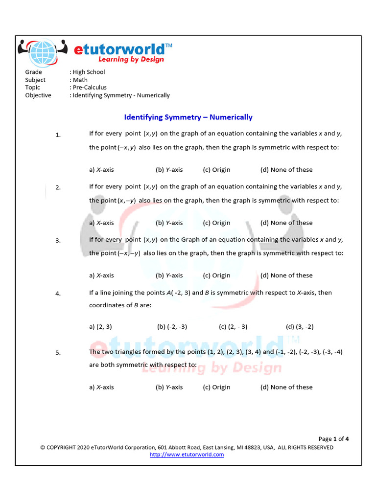 Ws Identifying Symmetry Numerically Precalculus Pdf Cartesian Coordinate System