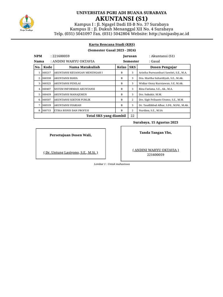 SIAKAD - Kartu Rencana Studi Mahasiswa | PDF