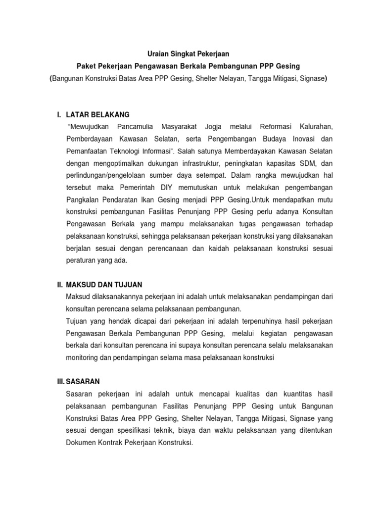 Fasilitas Penunjang Uraian Singkat Pekerjaan Pengawasan Berkala PPP ...
