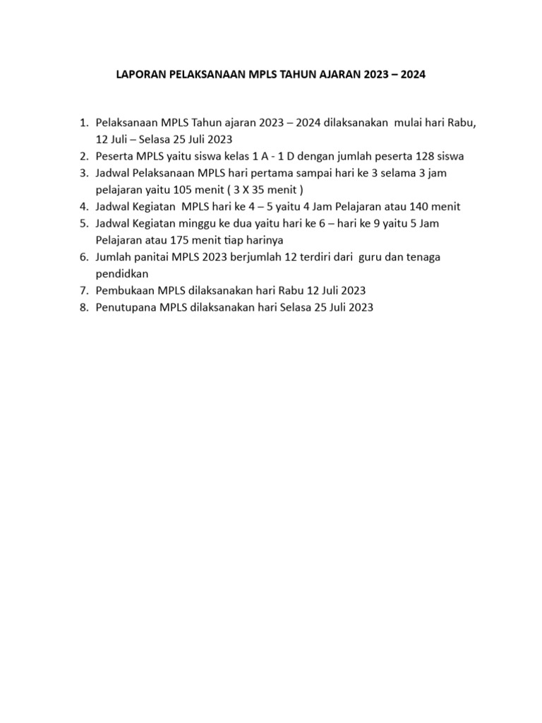 Laporan Pelaksanaan Mpls Tahun Ajaran 2023 | PDF