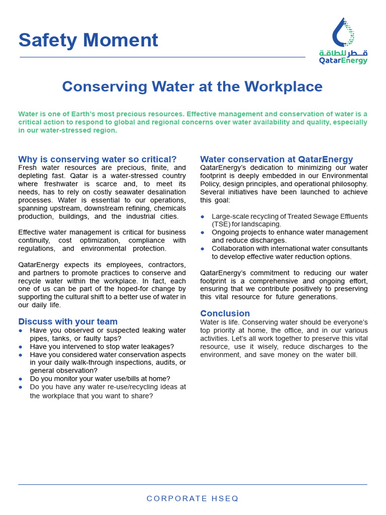 Safety Moment - PDF - Conserving Water at Workplace | PDF