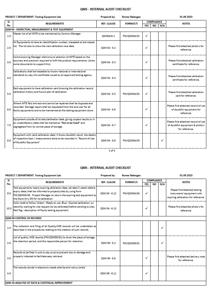 Checklist-Testing Equpt Lab-Store | PDF | Calibration | Audit