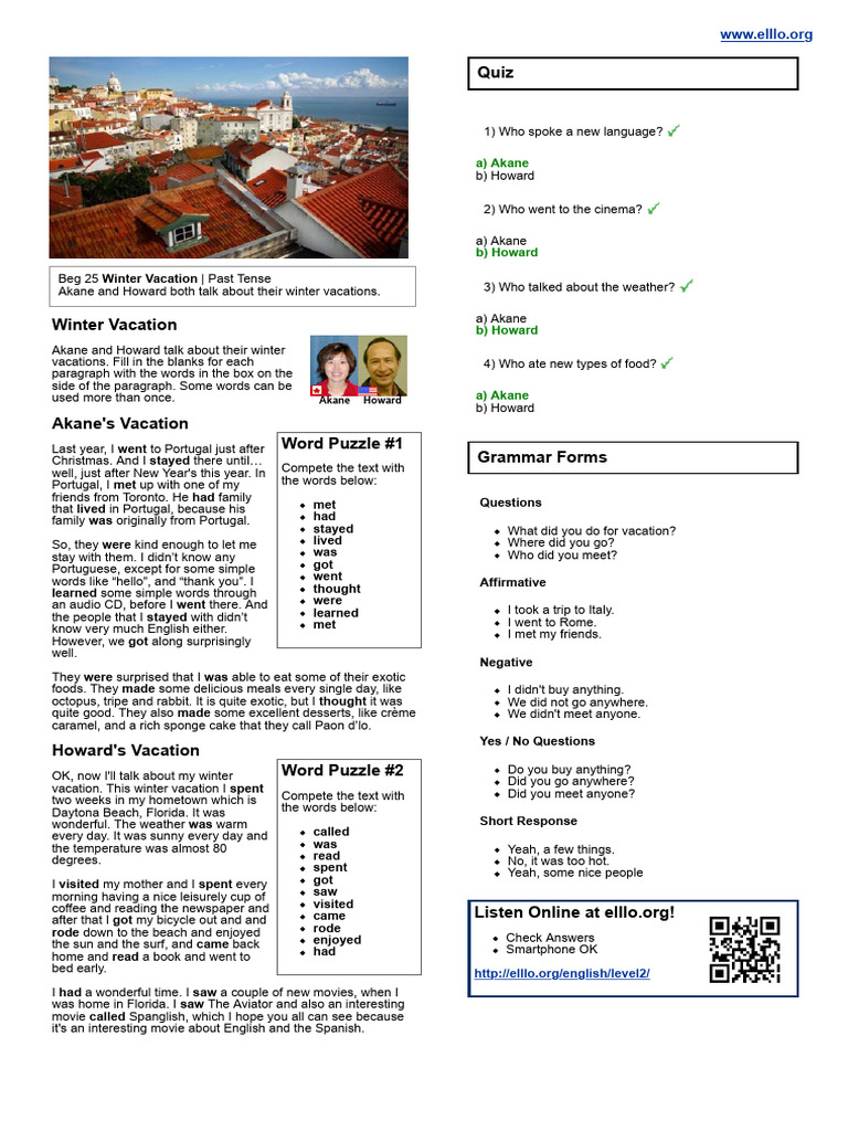 Elllo Beg 25 - Akane Howard - Winter Vacation - Past Tense - Answers | PDF