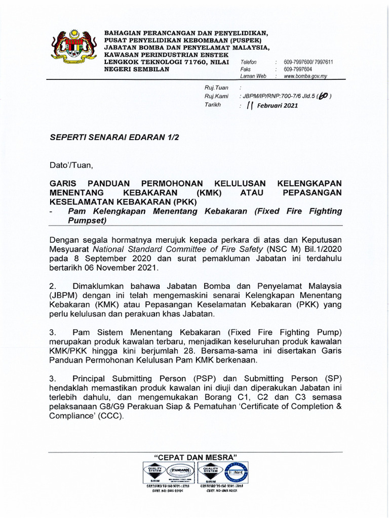 BOMBA Circular 2-2021 - Guideline For Approval of Fixed Firefighting ...