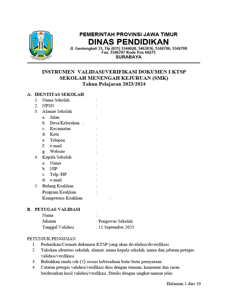 Instrumen Validasi KTSP SMK 2023 | PDF