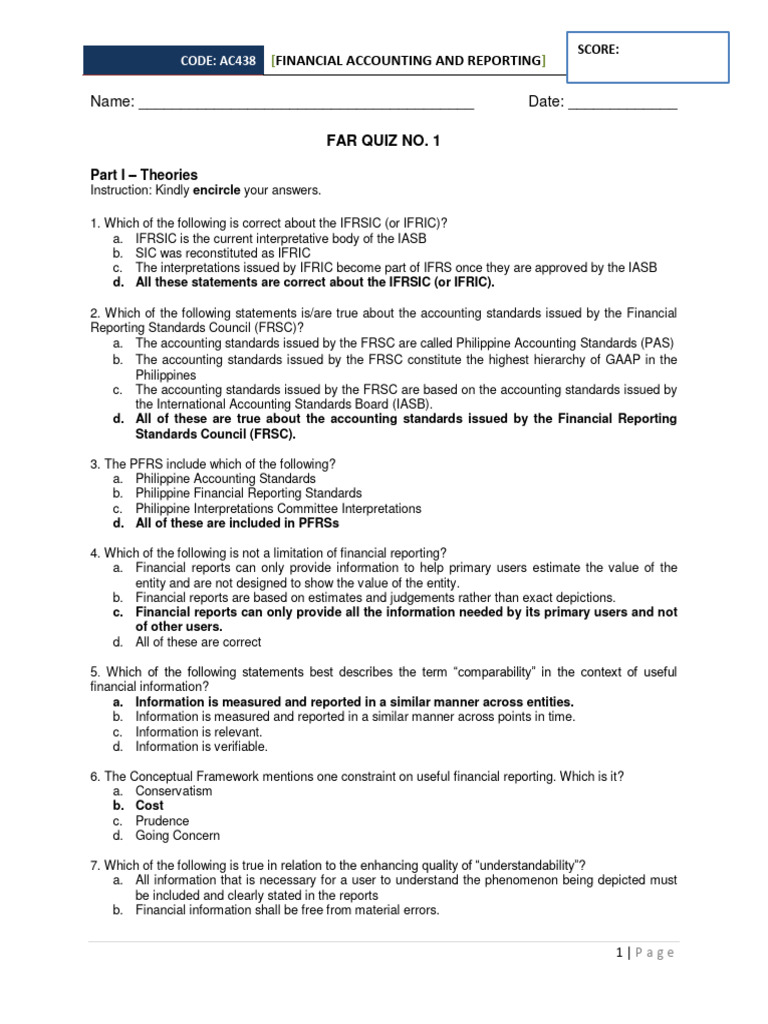 FAR-QUIZ 1 (Answer Key) | PDF