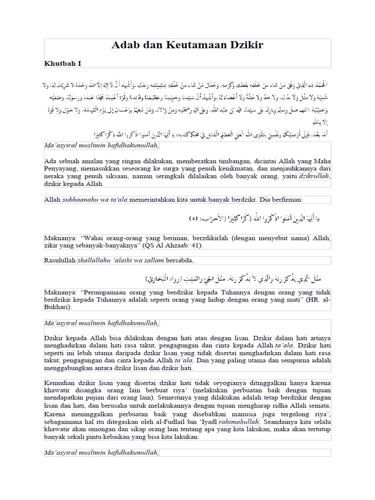 KHUTBAH JUMAT Adab Dan Keutamaan Dzikir | PDF