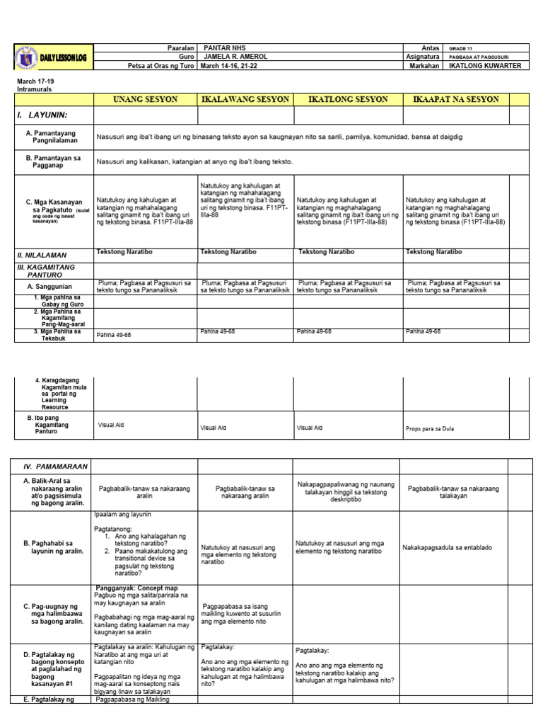 Jam Pagbasa DLP Week 4 | PDF