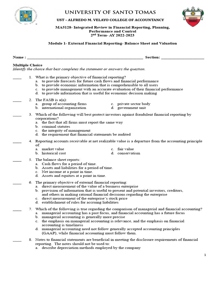 Module 1 - External Financial Reporting - Balance Sheet and Valuation ...