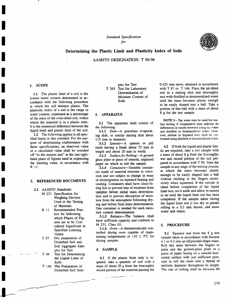 T 090-96 Plastic Limit and Plasticity Index | PDF