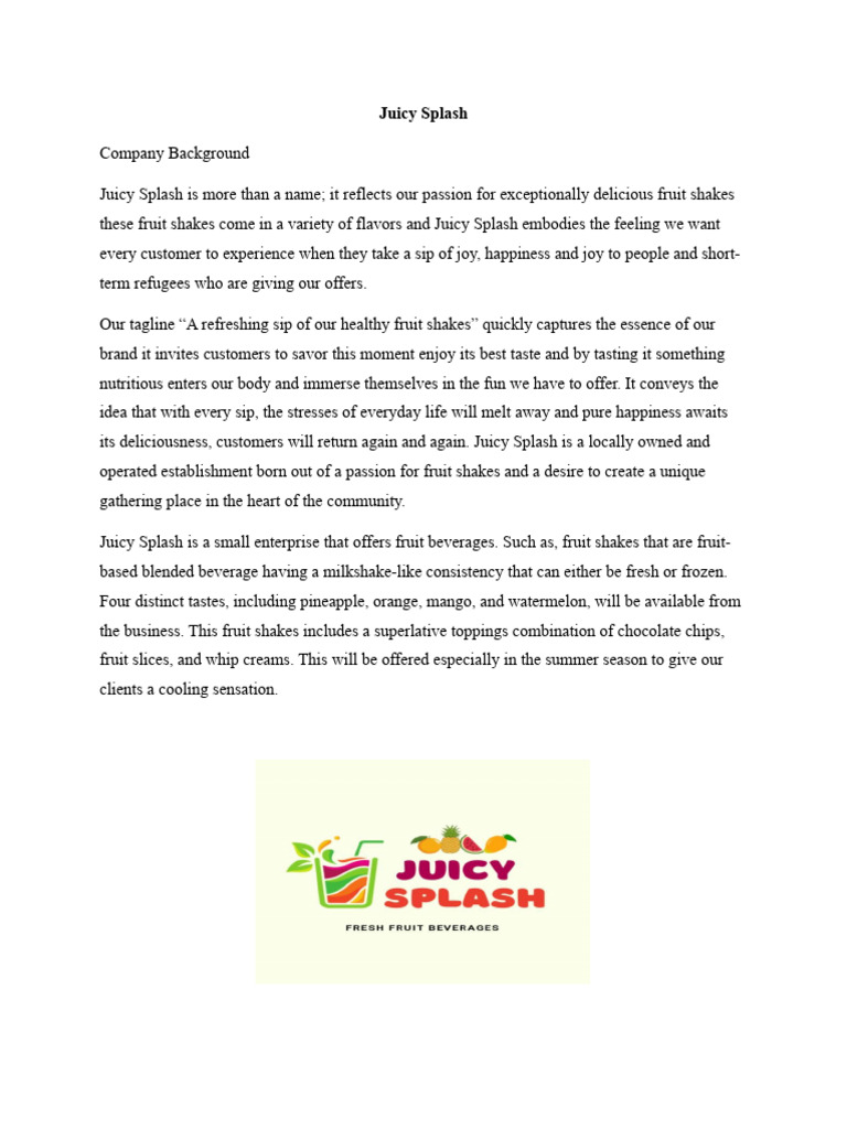 Juicy Splash Fruit Shake Business Plan | PDF | Brand | Point Of Sale