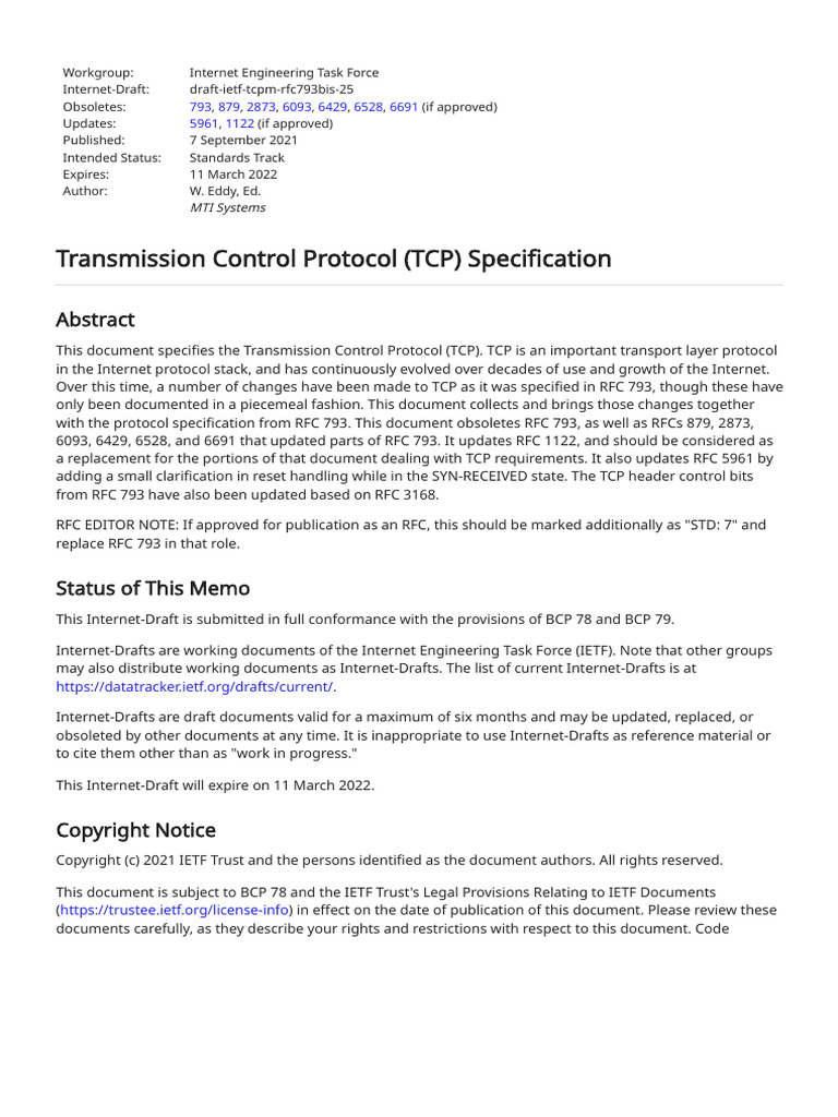 Transmission Control Protocol (TCP) Specification | PDF | Transmission ...