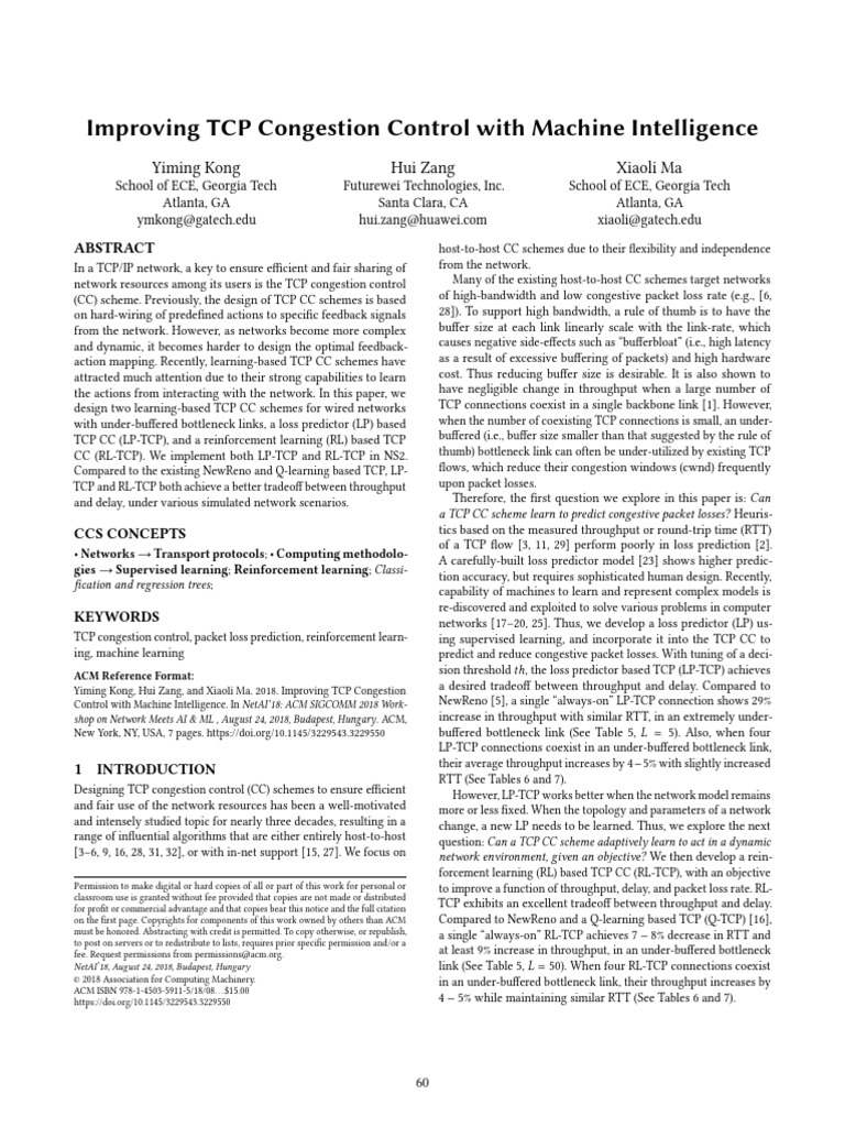 Improving Tcp Congestion Control With Machine Intelligence Pdf Transmission Control Protocol 3568