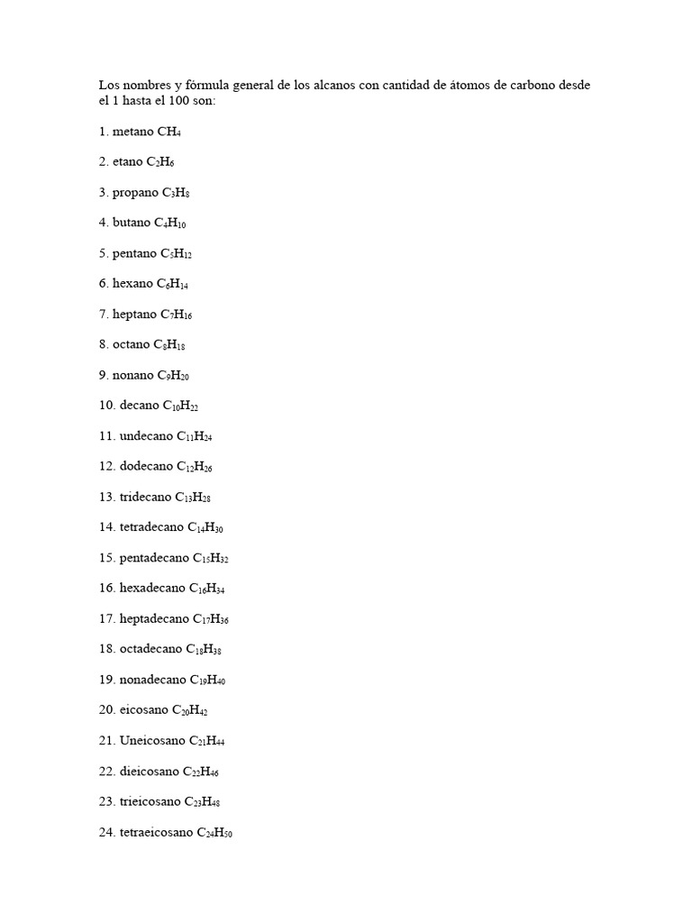 Los Nombres y Fórmula General de Los Alcanos Con Cantidad de Átomos de ...