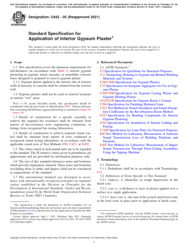 Application of Interior Gypsum Plaster1 C842-05 (2021) | PDF | Plaster | Lime (Material)